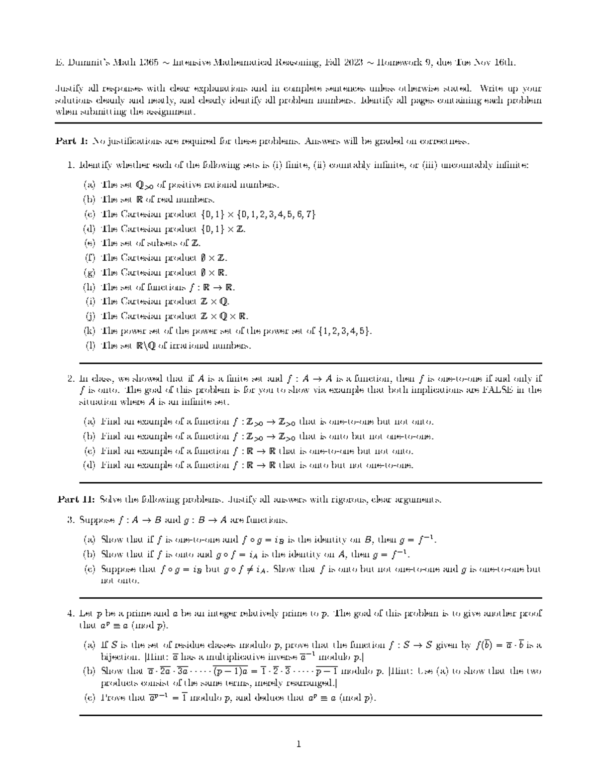 1365 homework 9 - E. Dummit's Math 1365 ∼ Intensive Mathematical ...