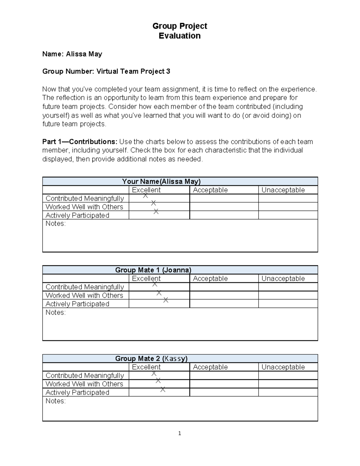 Group Project Reflection - 1 Group Project Evaluation Name: Alissa May ...