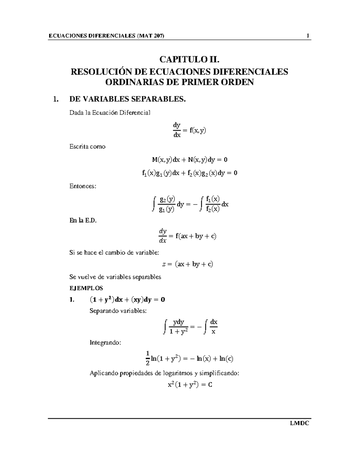 CAP2-ED. Variables Separables-Homogéneas y Reducibles - CAPITULO II. RESOLUCIÓN DE ECUACIONES ...