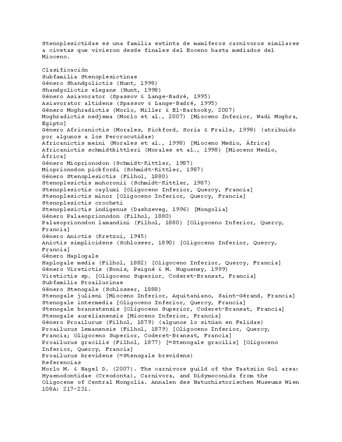 Stenoplesictidae es una familia extinta de mamíferos carnívoros ...
