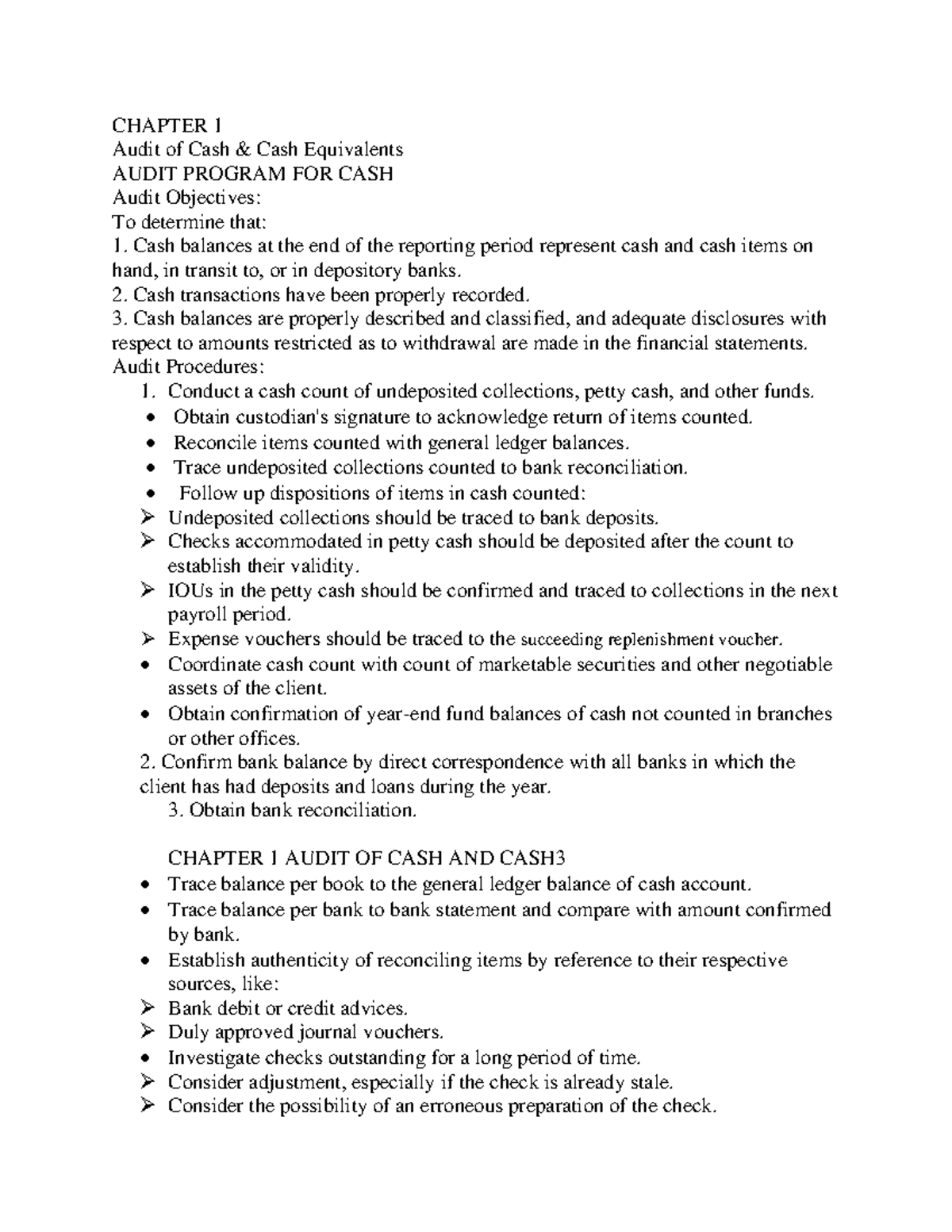 QA Audit of Cash Roque 2018 1 - CHAPTER 1 Audit of Cash & Cash Equivalents AUDIT PROGRAM FOR ...