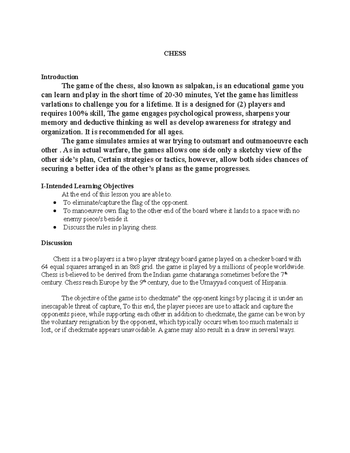 Chess - Module with Activity Sheets for students - CHESS Introduction The game of the chess ...