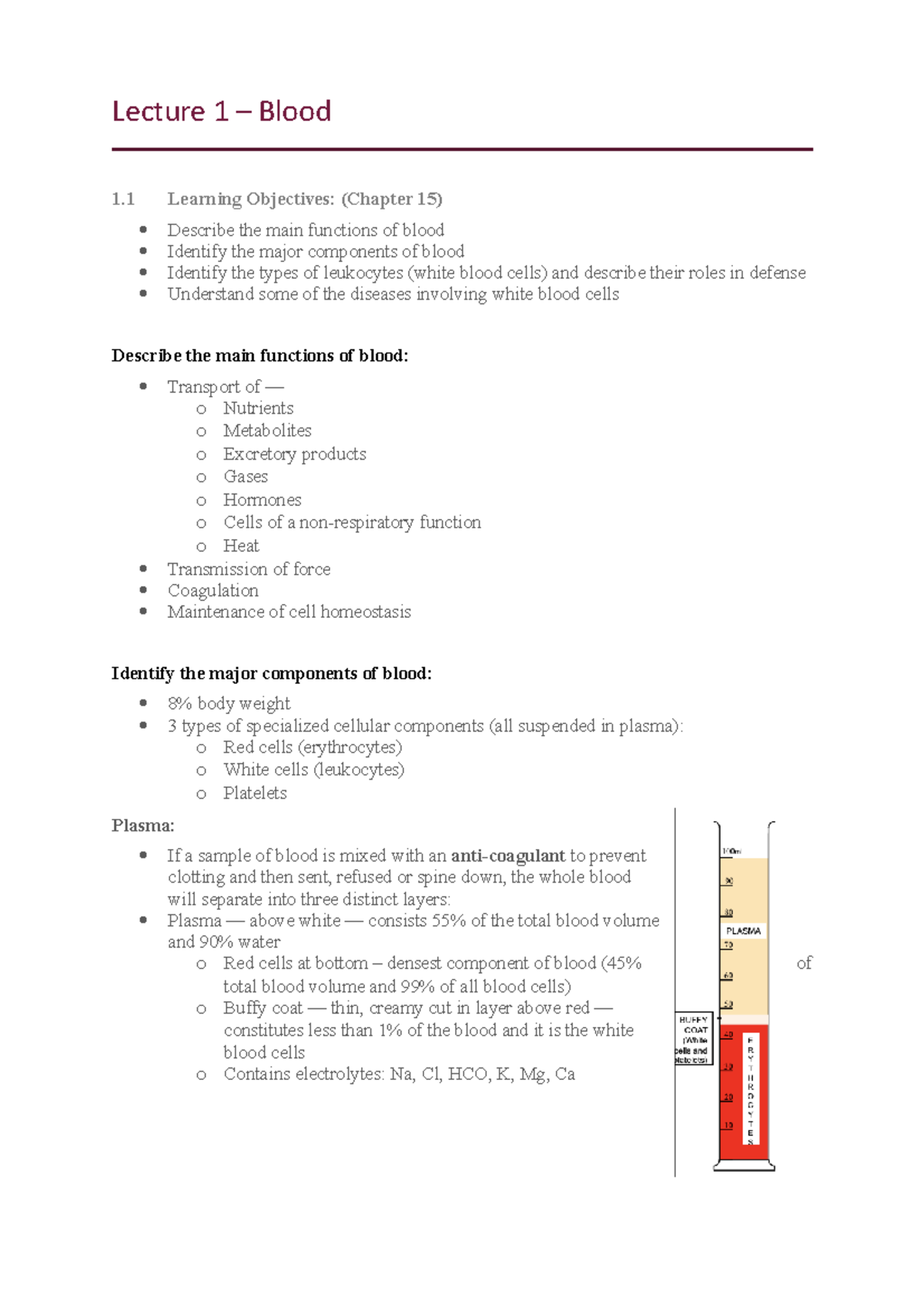 Lecture 1 - Blood - Lecture 1 – Blood 1 Learning Objectives: (Chapter ...