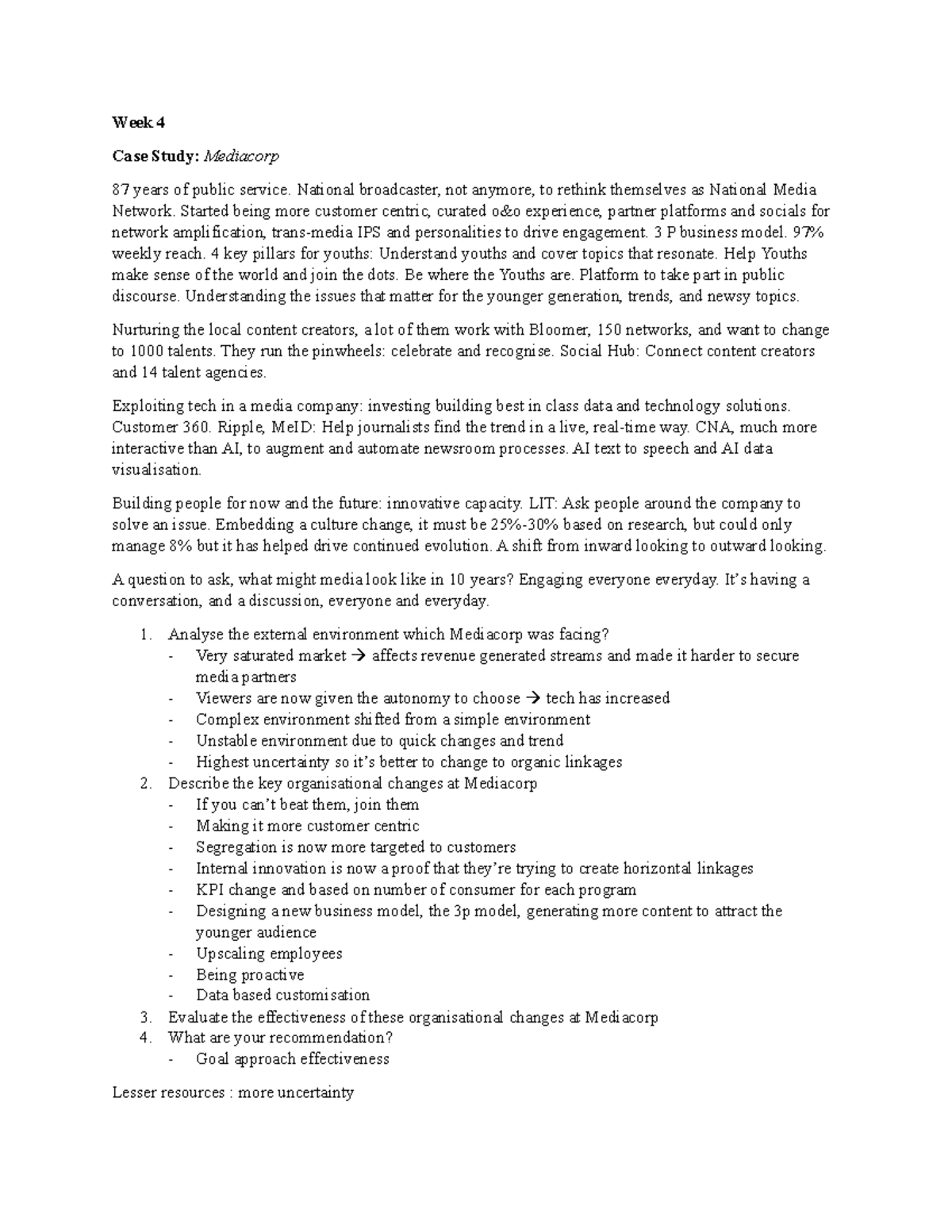 Week 4 - Lecture of week 4 - Week 4 Case Study: Mediacorp 87 years of public service. National ...