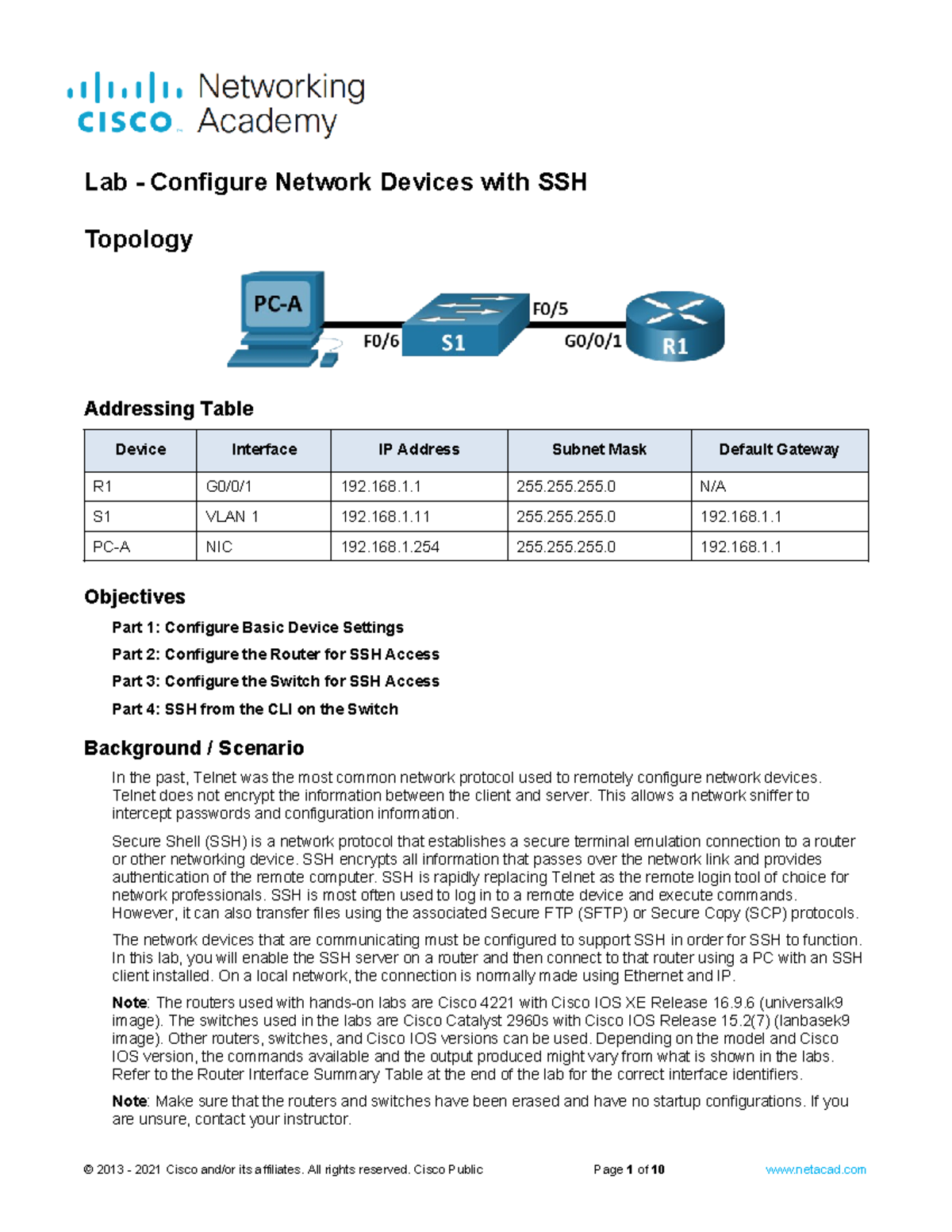4.4.9 Lab - Configure Network Devices with SSH - ILM - Topology Addressing Table Device ...