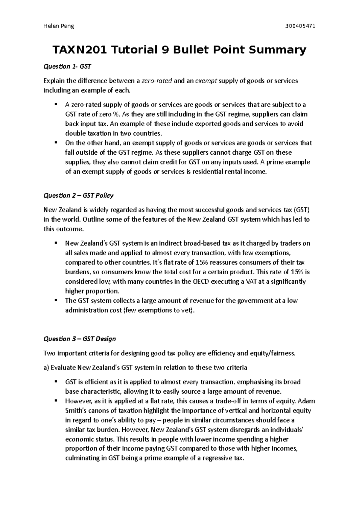 TAXN201 Tutorial 9 Bullet Point Summary - Helen Pang 300409471 TAXN201 ...