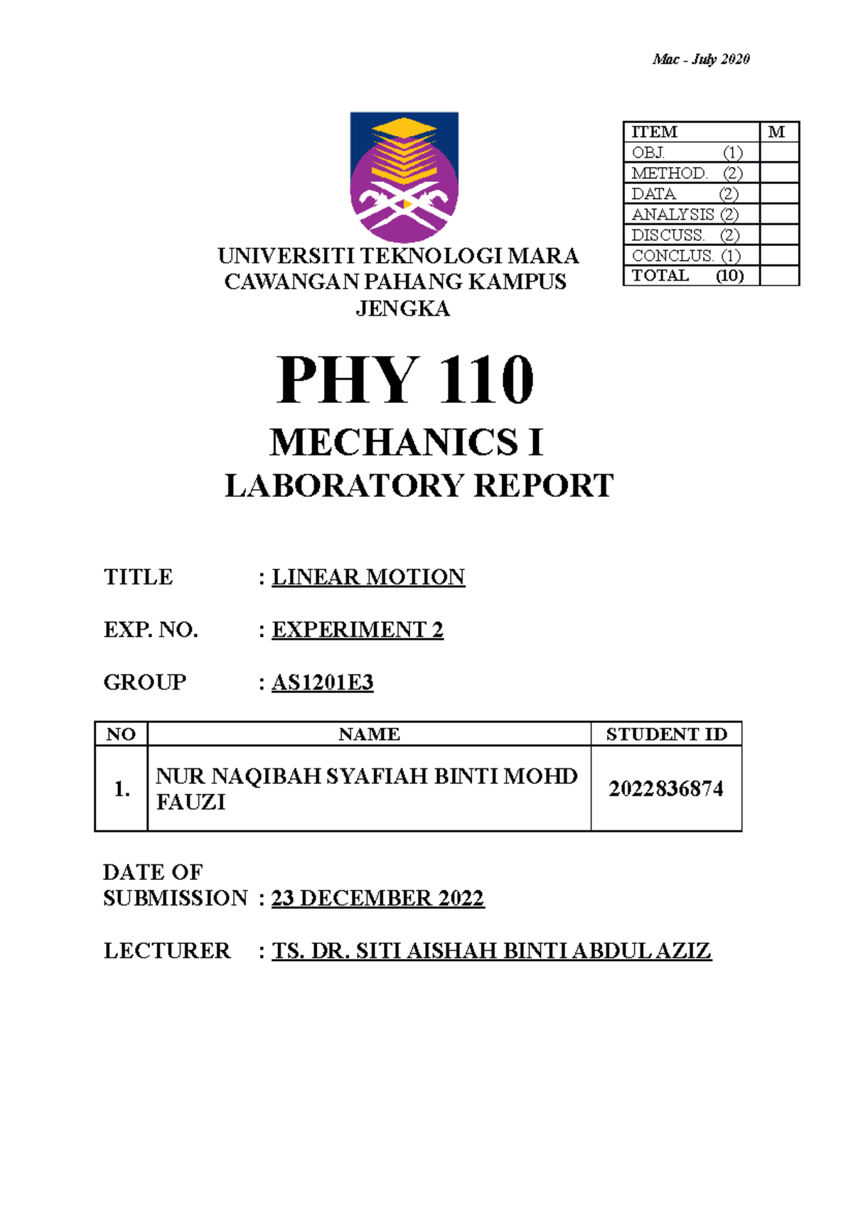 Experiment 2 - hope its help - UNIVERSITI TEKNOLOGI MARA CAWANGAN ...