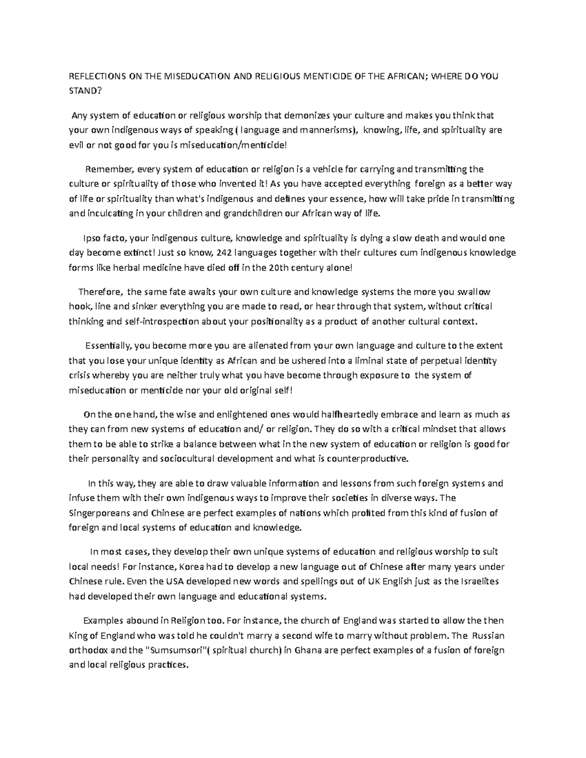 Reflections ON- Miseducation - REFLECTIONS ON THE MISEDUCATION AND ...