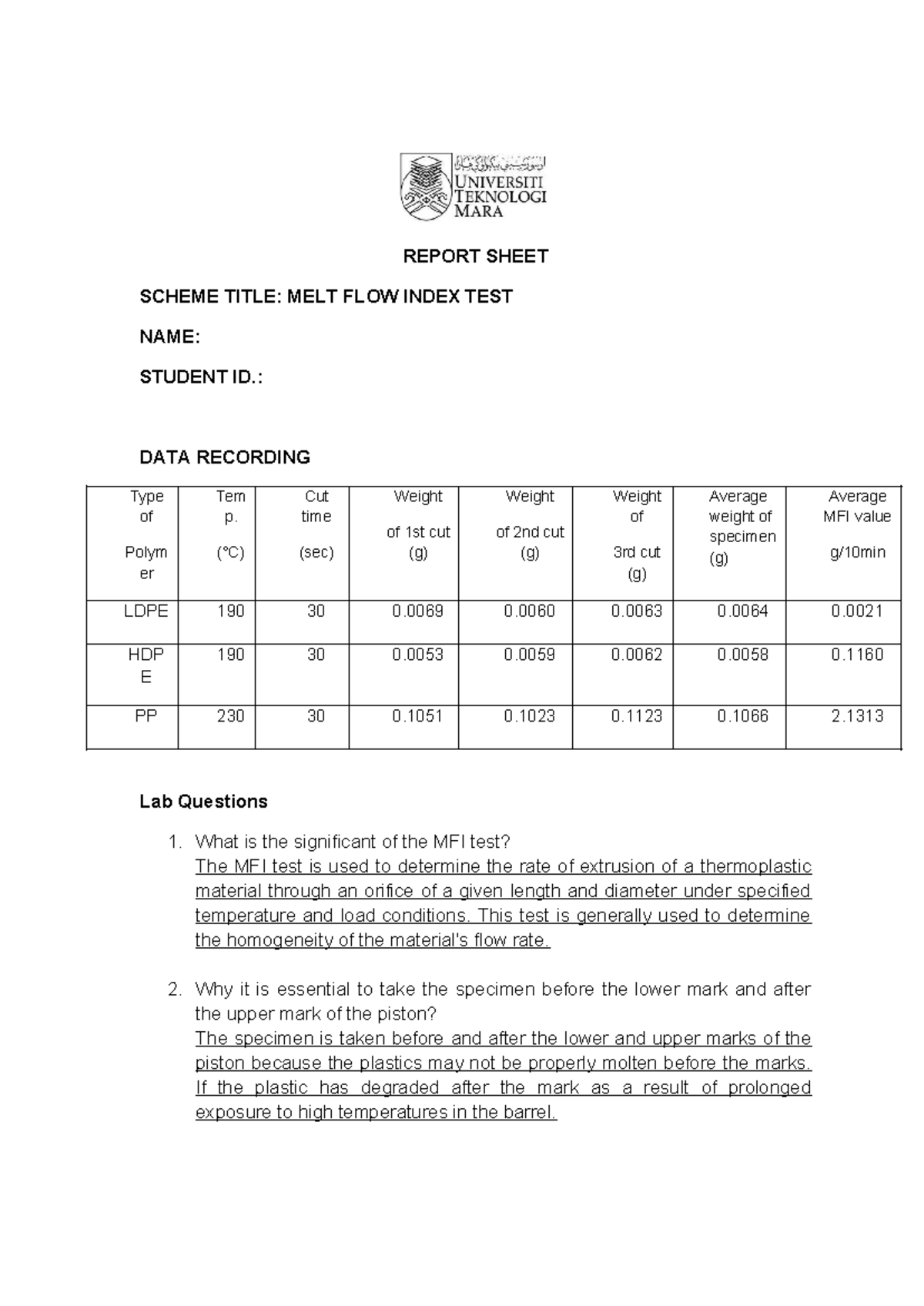 MELT FLOW Index TEST - REPORT SHEET SCHEME TITLE: MELT FLOW INDEX TEST ...