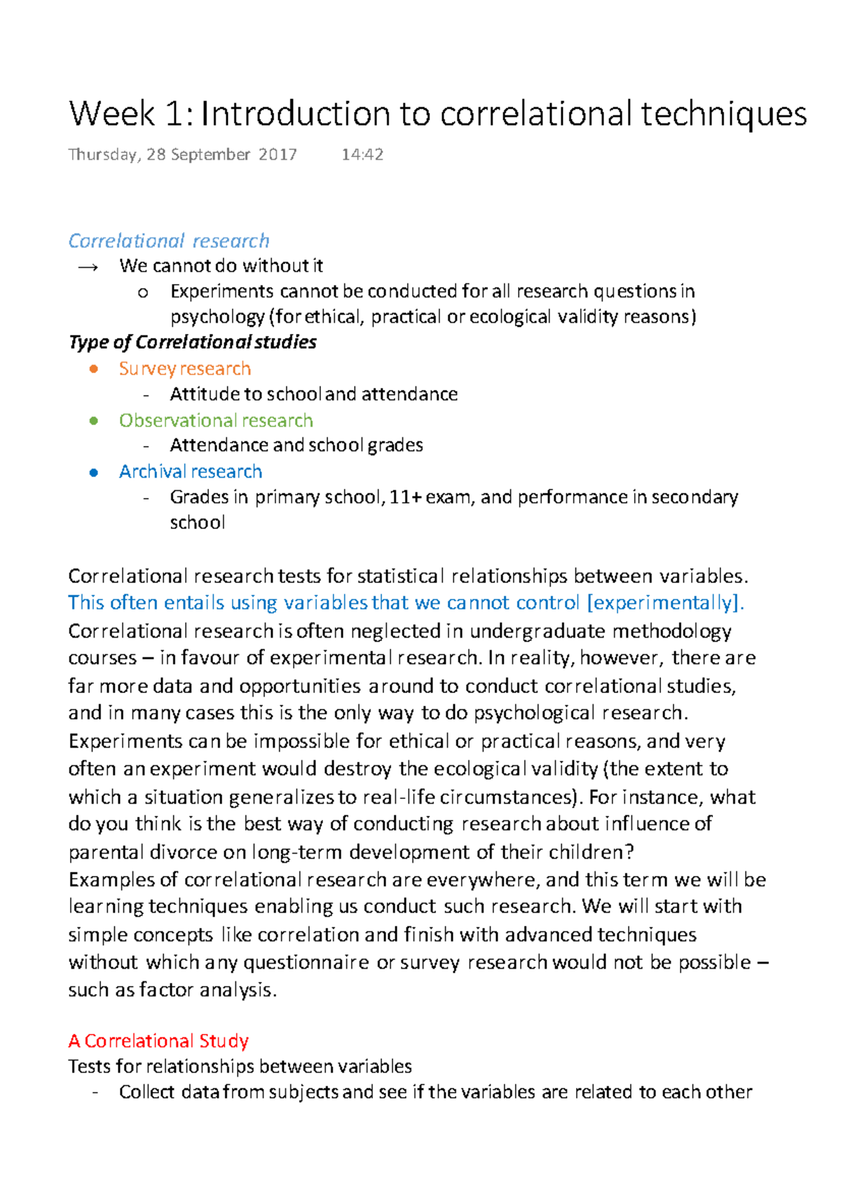 Week 1 Introduction to correlational techniques - Correlational ...