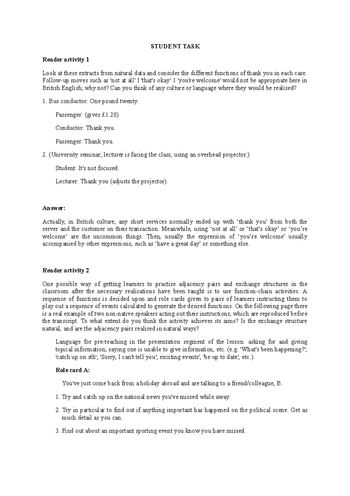 Task Related to Discourse Analysis - STUDENT TASK Reader activity 1 ...