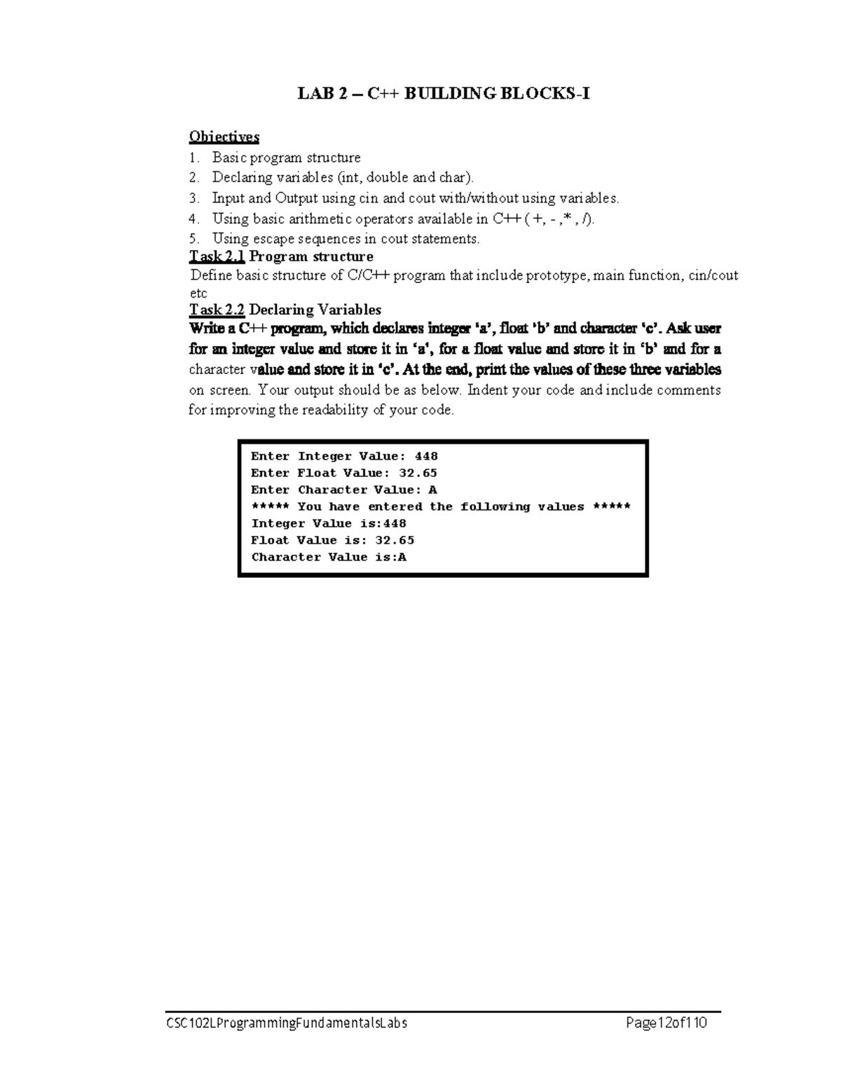 Lab 2 For Learning C Enter Integer Value 448 Enter Float Value