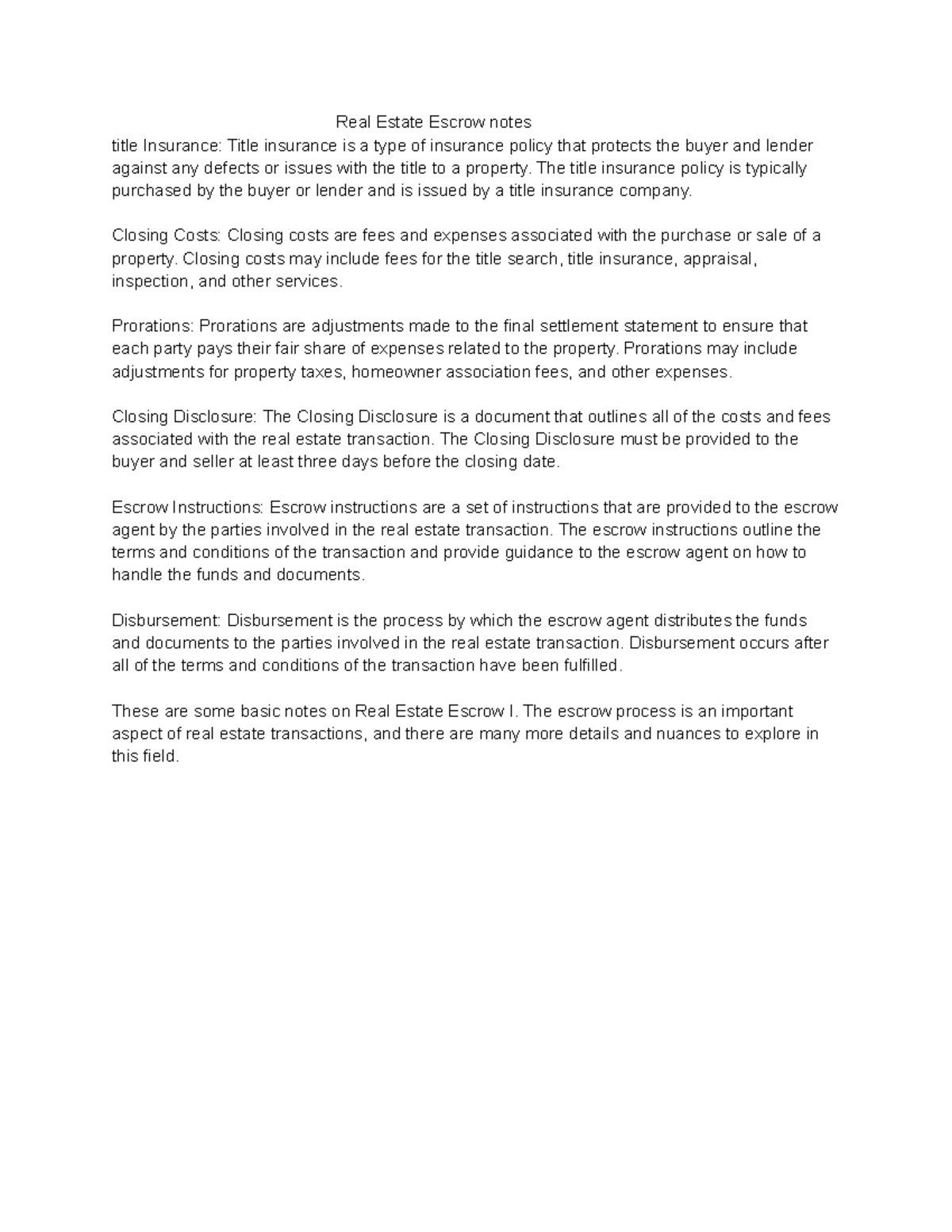 Real Estate Escrow notes 2 - Real Estate Escrow notes title Insurance ...