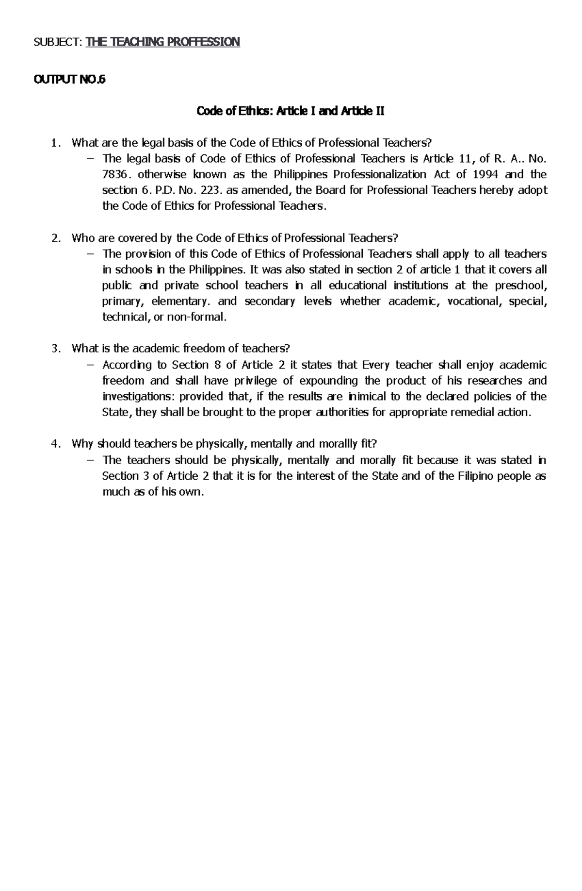 THE TEACHING PROFESSION-Output no.6 - SUBJECT: THE TEACHING PROFFESSION ...