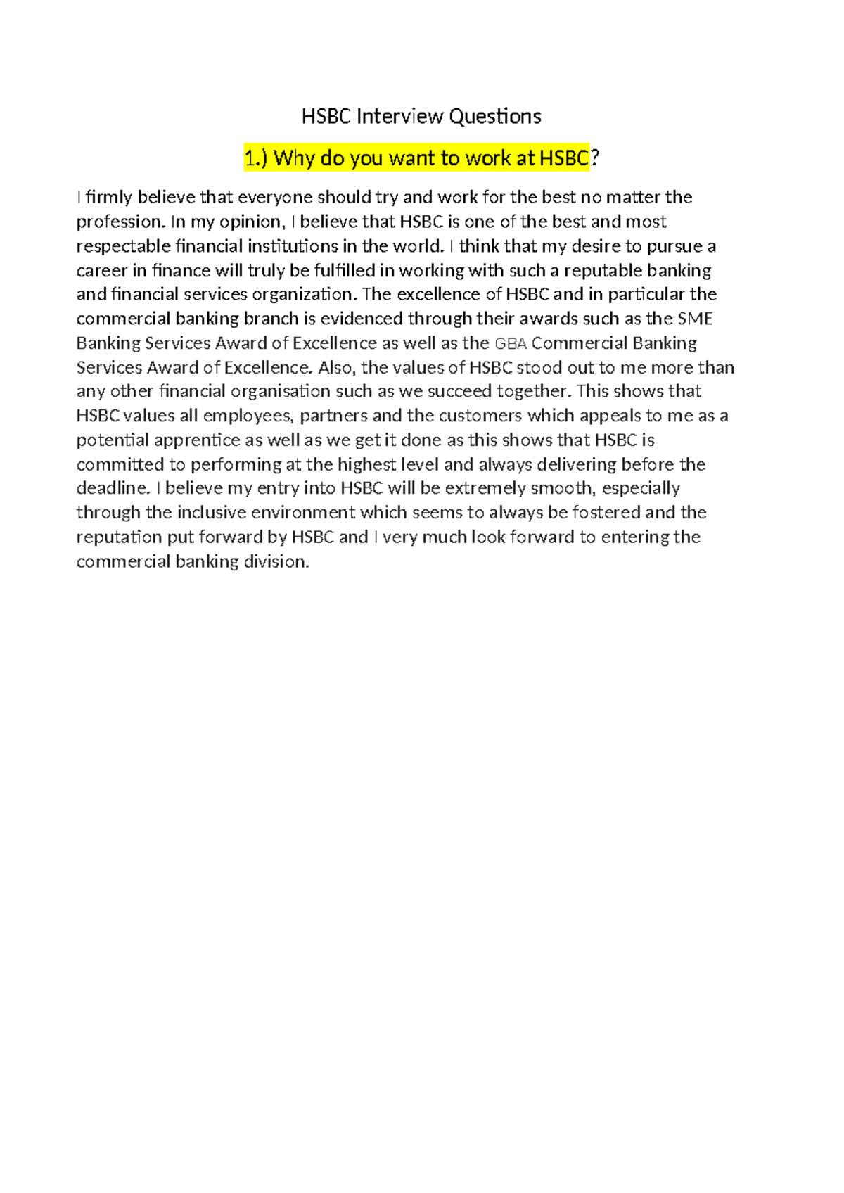 HSBC Interview Questions - ) Why do you want to work at HSBC? I firmly ...