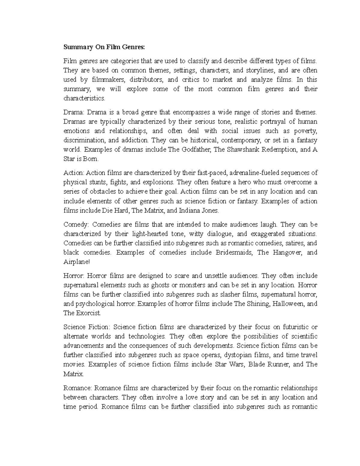 Summary On Film Genres - Summary On Film Genres: Film genres are ...