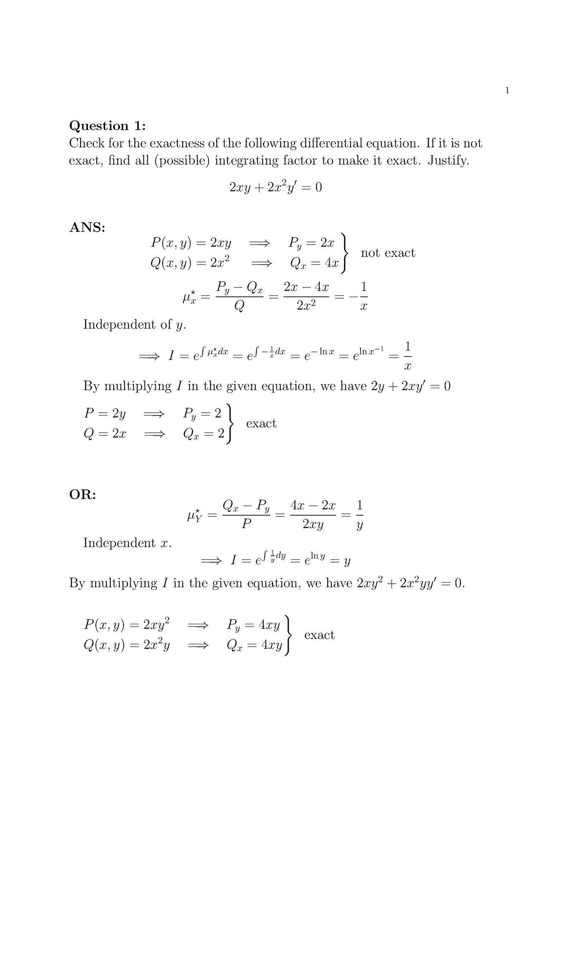 MATH 1005 - Tutorial 2 - Question 1: Check for the exactness of the following differential ...