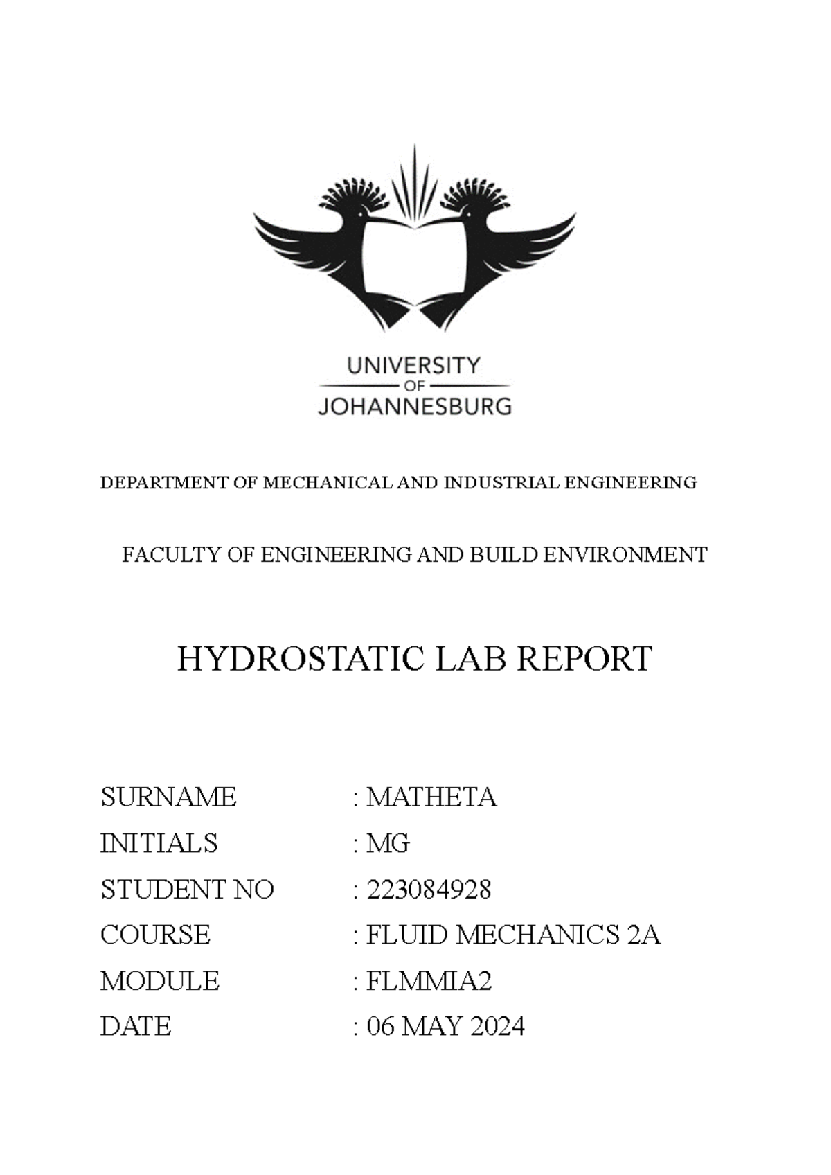 Hydrostatic LAB Report - DEPARTMENT OF MECHANICAL AND INDUSTRIAL ...