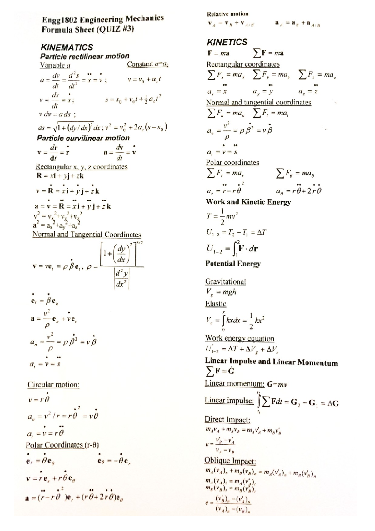 Formula sheet - Summary of equations - Engineering Mechanics Formula ...