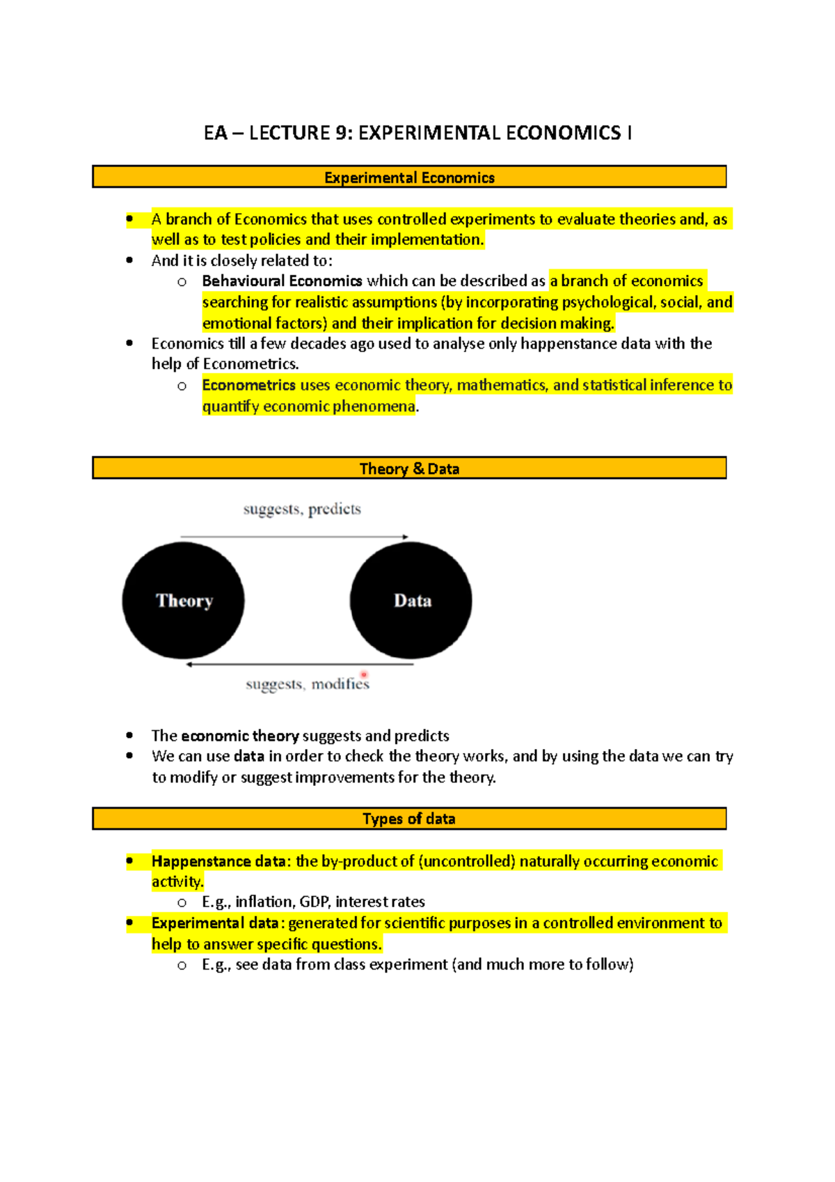 EA Lecture 9 - EA – LECTURE 9: EXPERIMENTAL ECONOMICS I Experimental ...