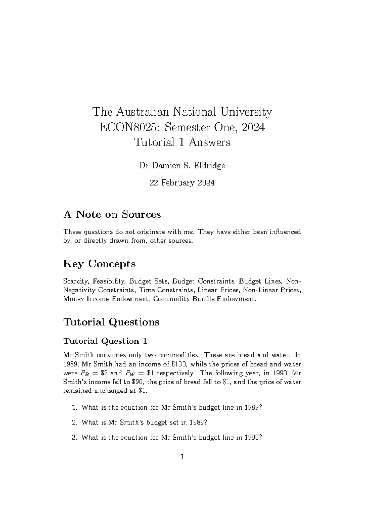 Tutorial 1 Answers-2 - The Australian National University ECON8025: Semester One, 2024 Tutorial ...