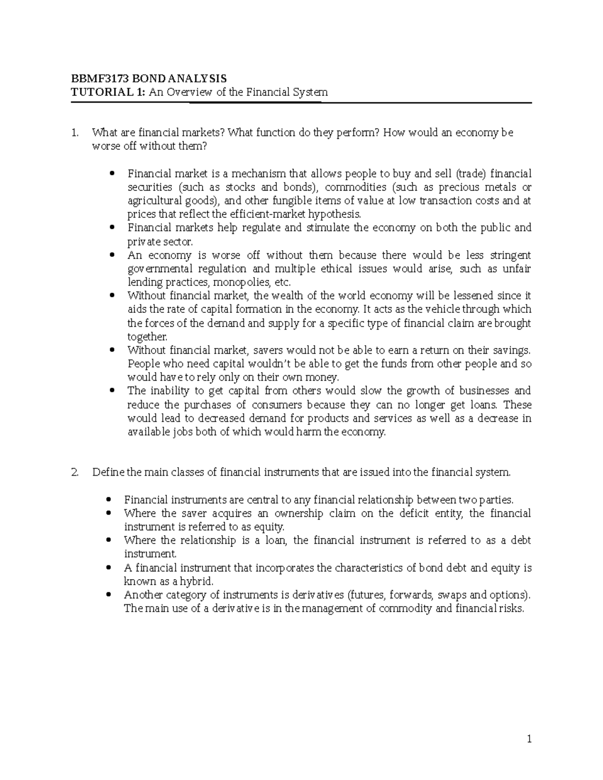 Bond Analysis Tutorial Question - BBMF3173 BOND ANALYSIS TUTORIAL 1: An ...