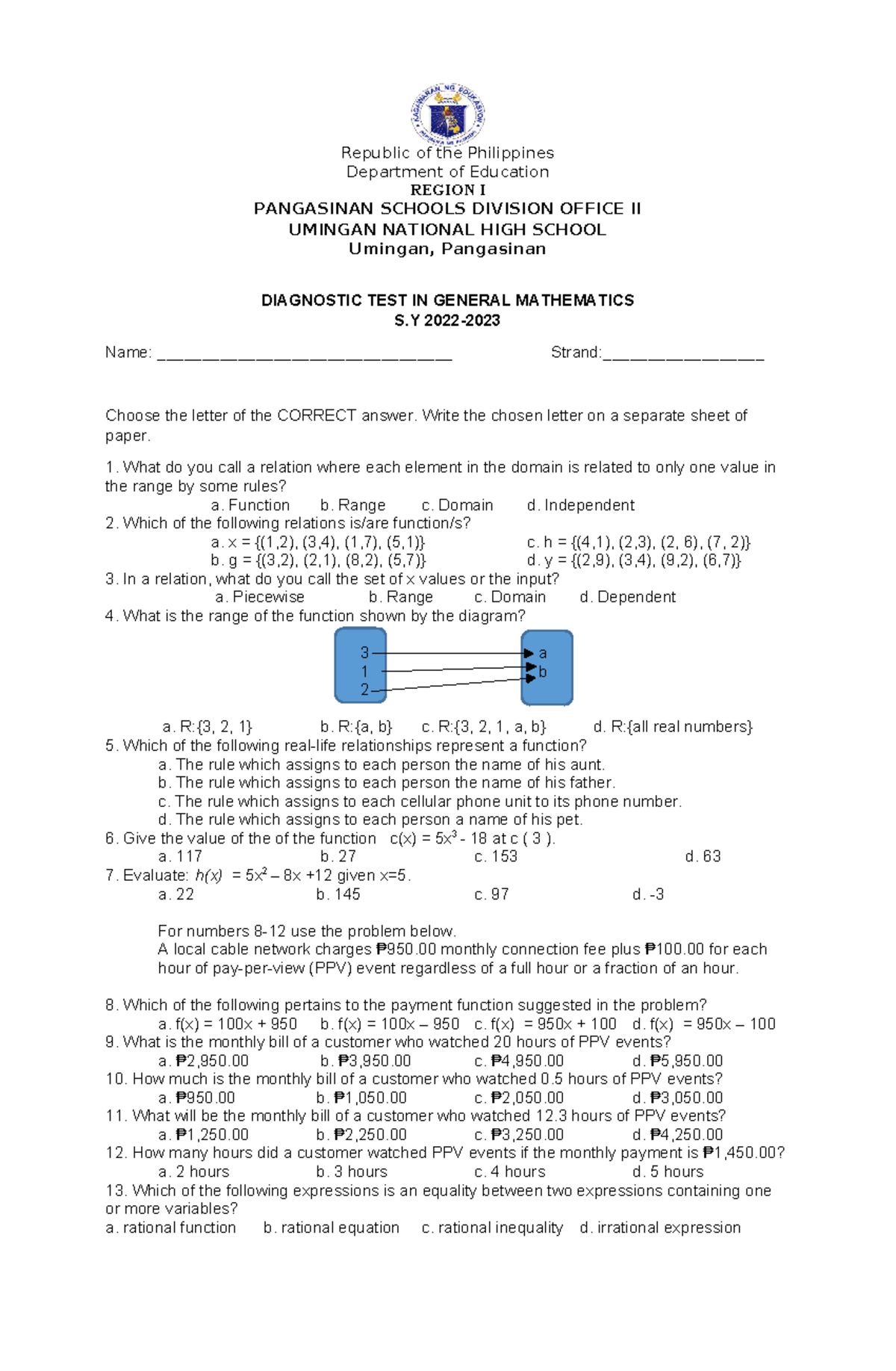 Diagnostic Test - test - Republic of the Philippines Department of ...