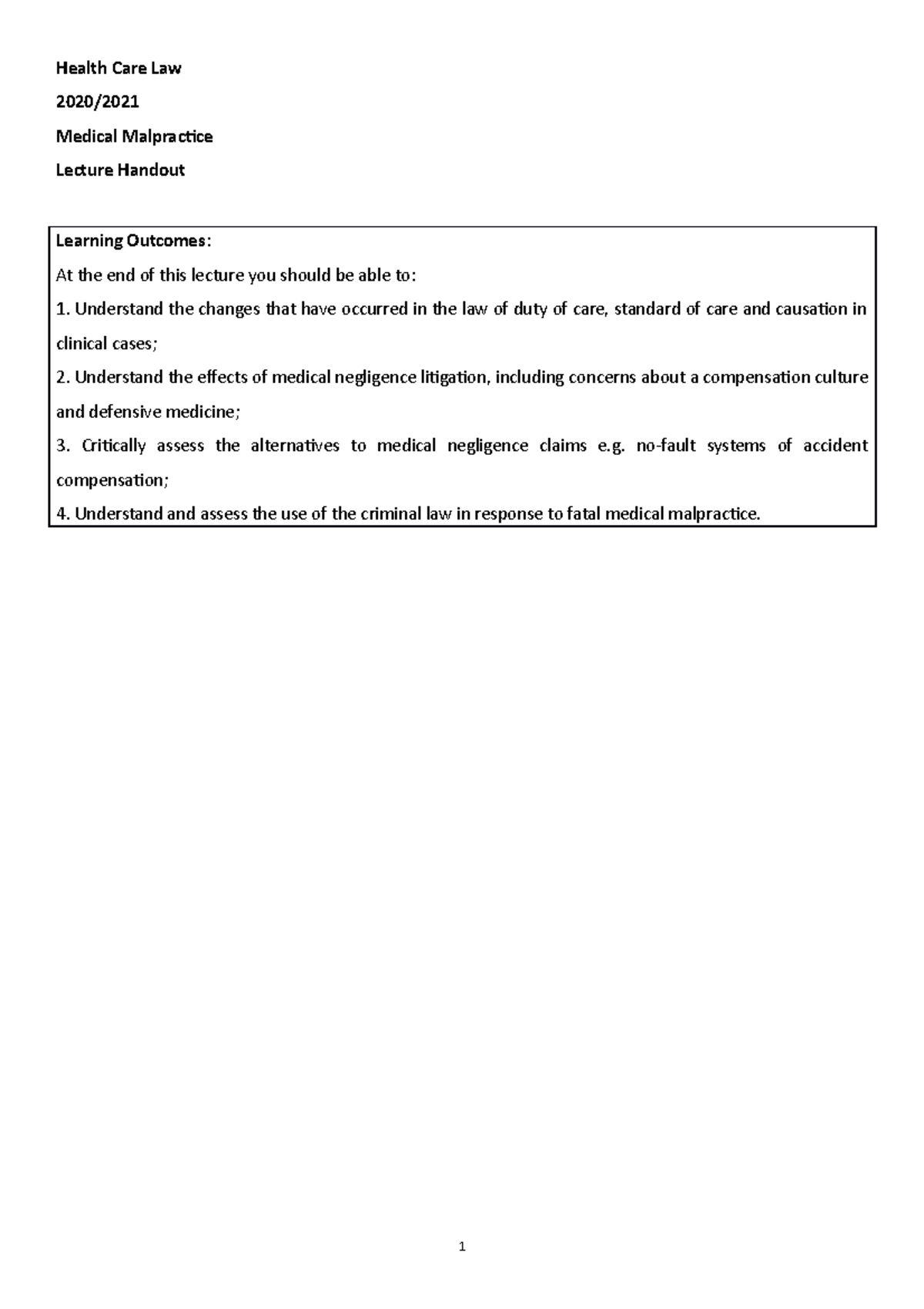 Lecture Handout Medical Negligence University of Leeds - Health Care ...