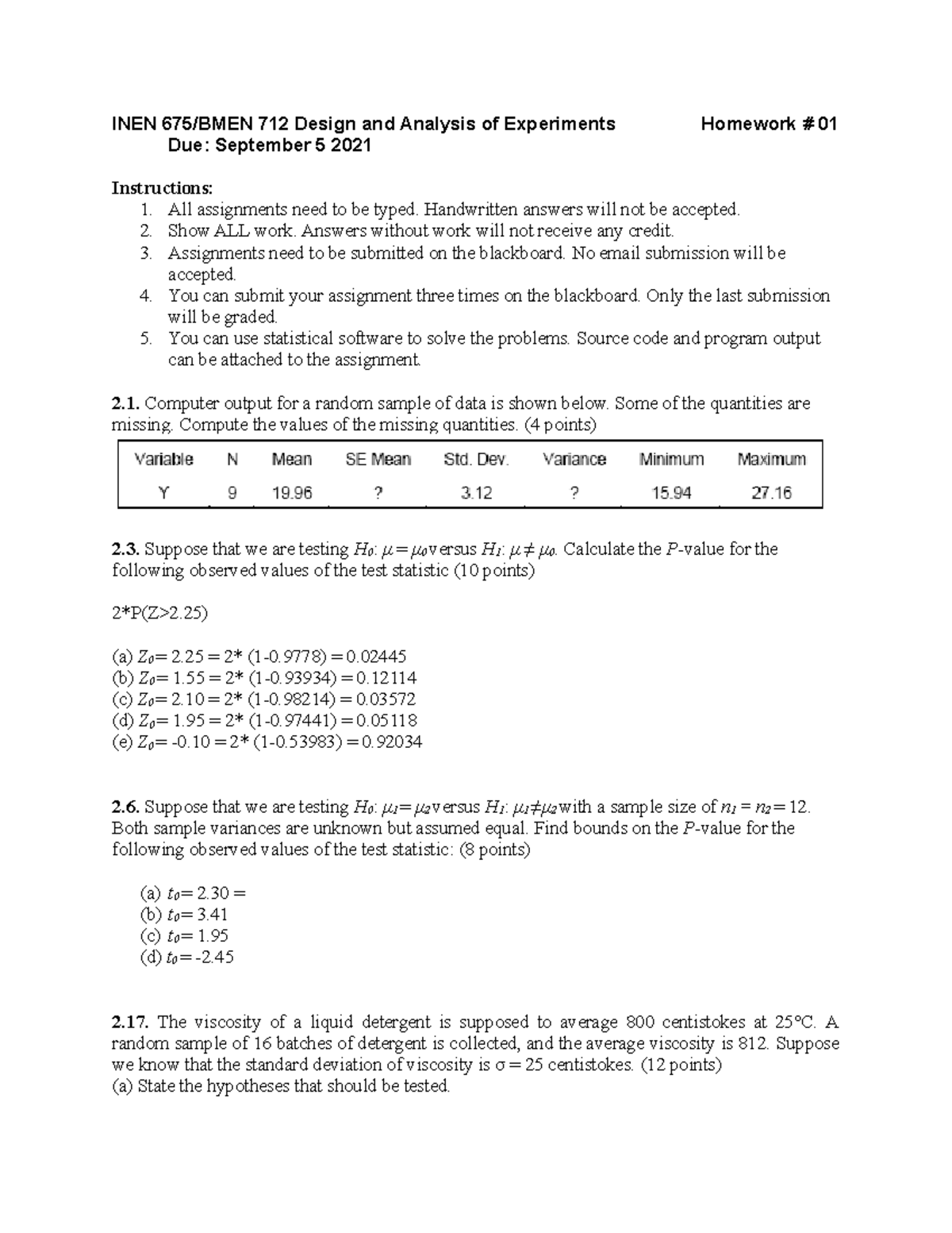 HW01 - HW1 - INEN 675/BMEN 712 Design and Analysis of Experiments ...