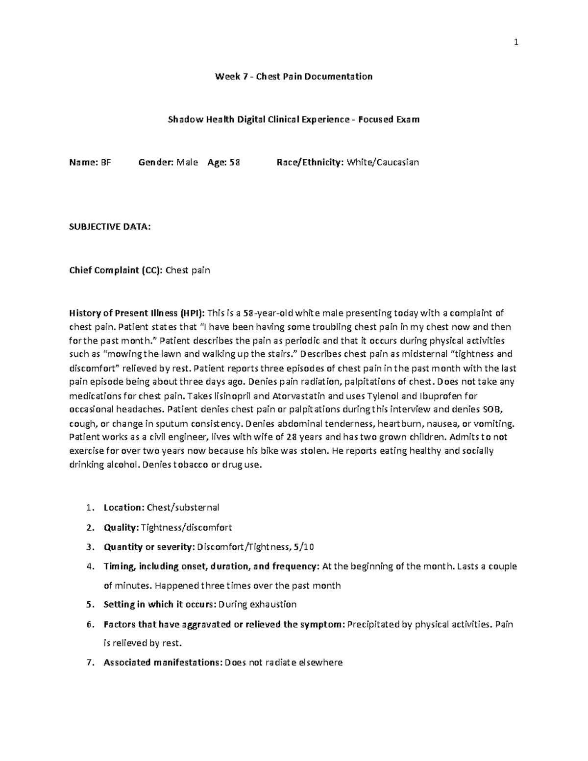Advanced Assessment Week 7 - Week 7 - Chest Pain Documentation Shadow ...