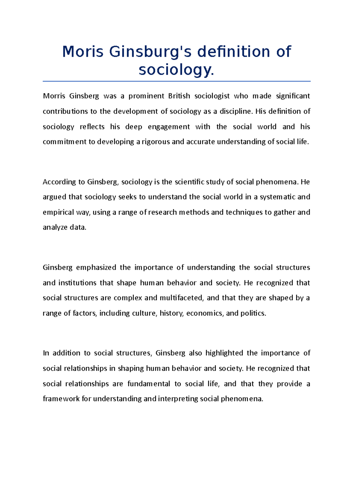Moris Ginsburg's definition of sociology - Morris Ginsberg was a ...
