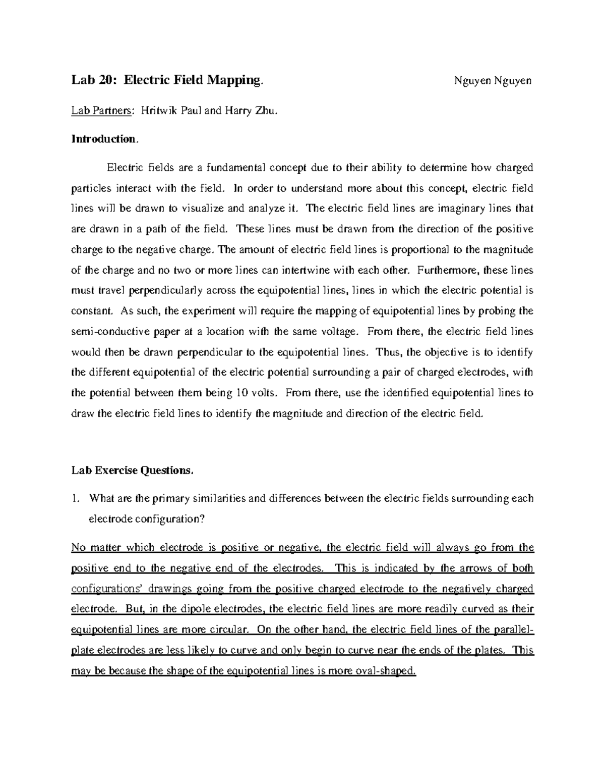Lab 20 - Electric Field Mapping - Nguyen Nguyen Lab Partners: Hritwik ...
