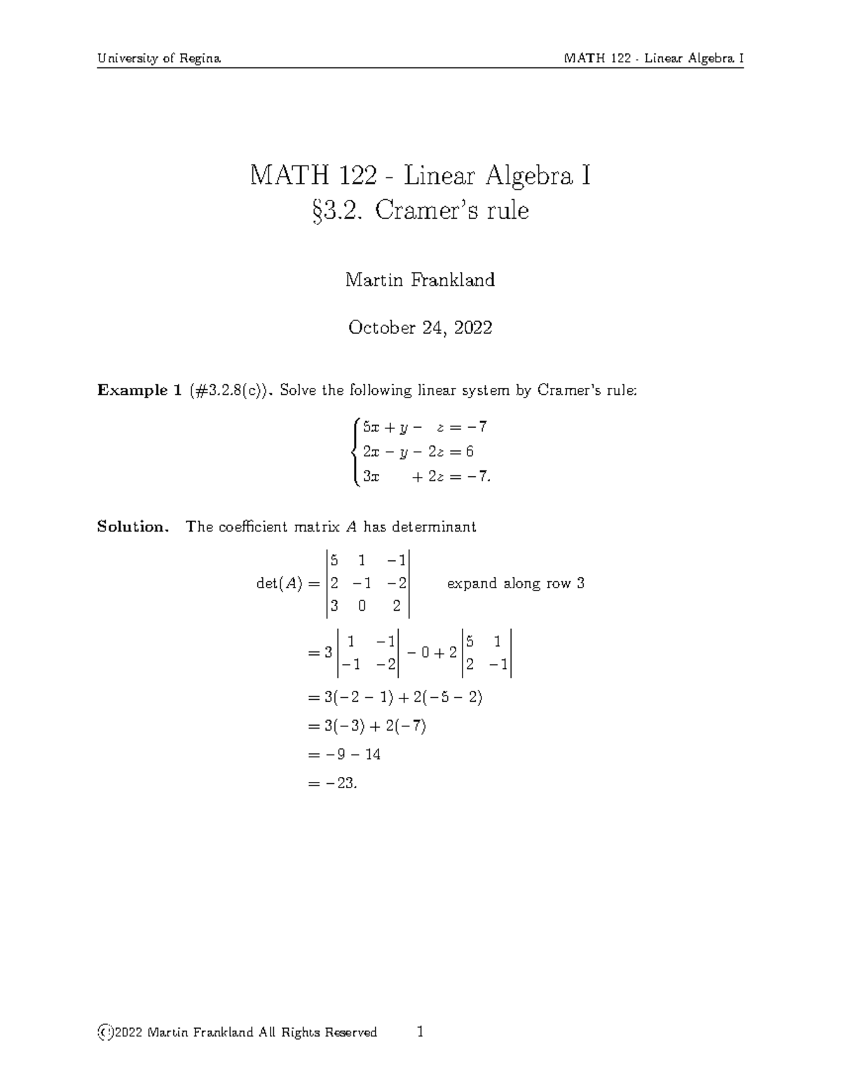 Math122 3-2 Cramers Rule - University of Regina MATH 122 - Linear Algebra I MATH 122 - Linear ...