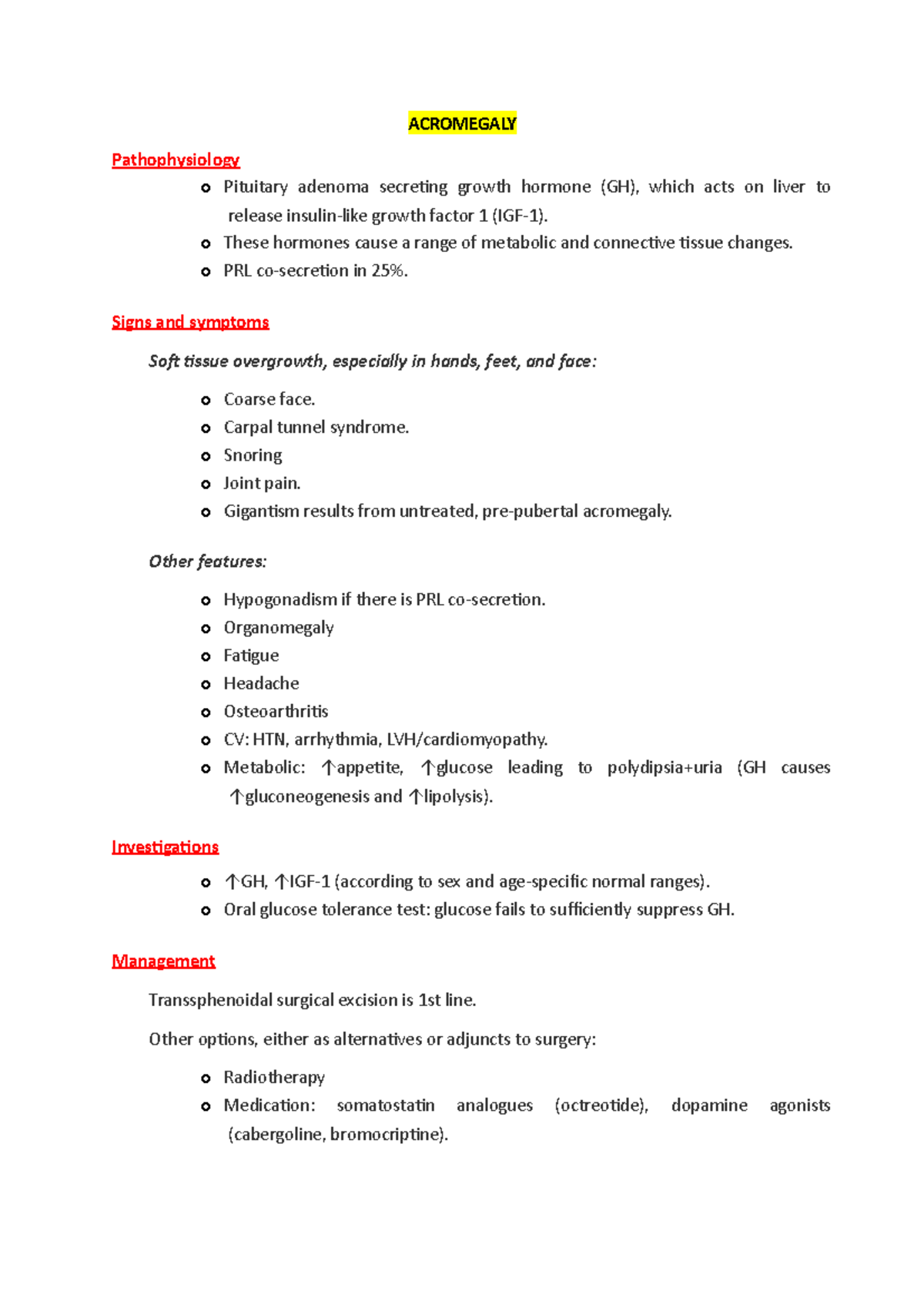 Acromegaly - Lecture notes 2 - ACROMEGALY Pathophysiology o Pituitary ...
