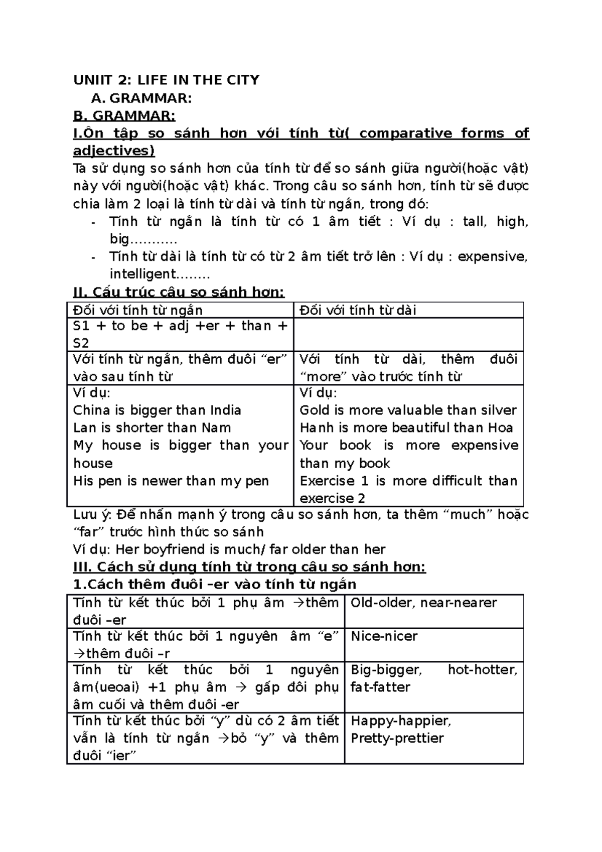 Uniit 2 - lesson plan - UNIIT 2: LIFE IN THE CITY A. GRAMMAR: B ...