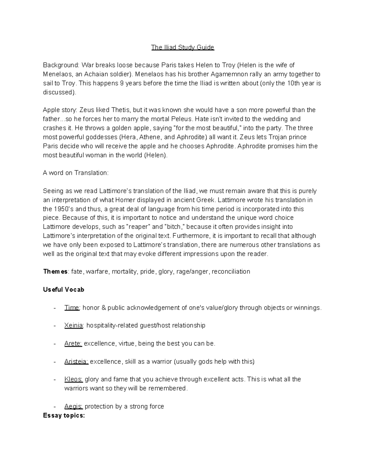 Homer's Iliad Study Guide - The Iliad Study Guide Background: War ...