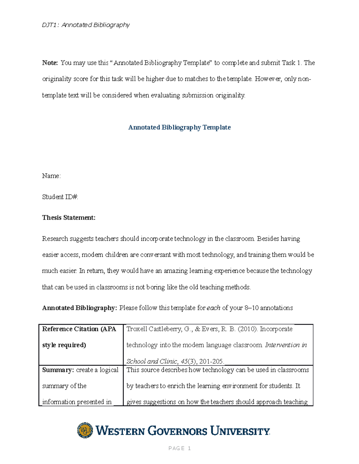 Annotated Bibliography Template (1) - DJT1: Annotated Bibliography Note ...