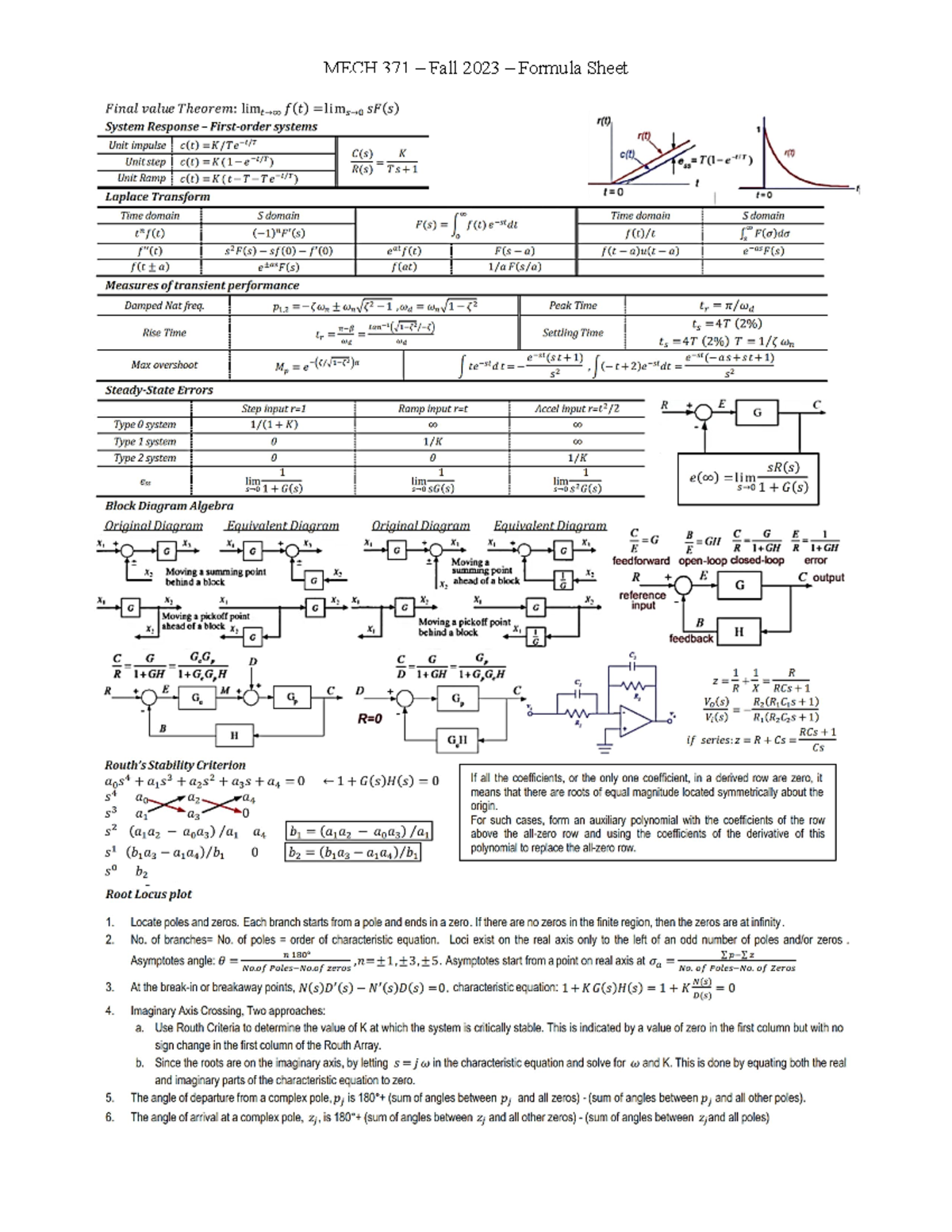 Formula Sheet Mech 371 - MECH 371 Fall 2023 Formula Sheet Final value ...