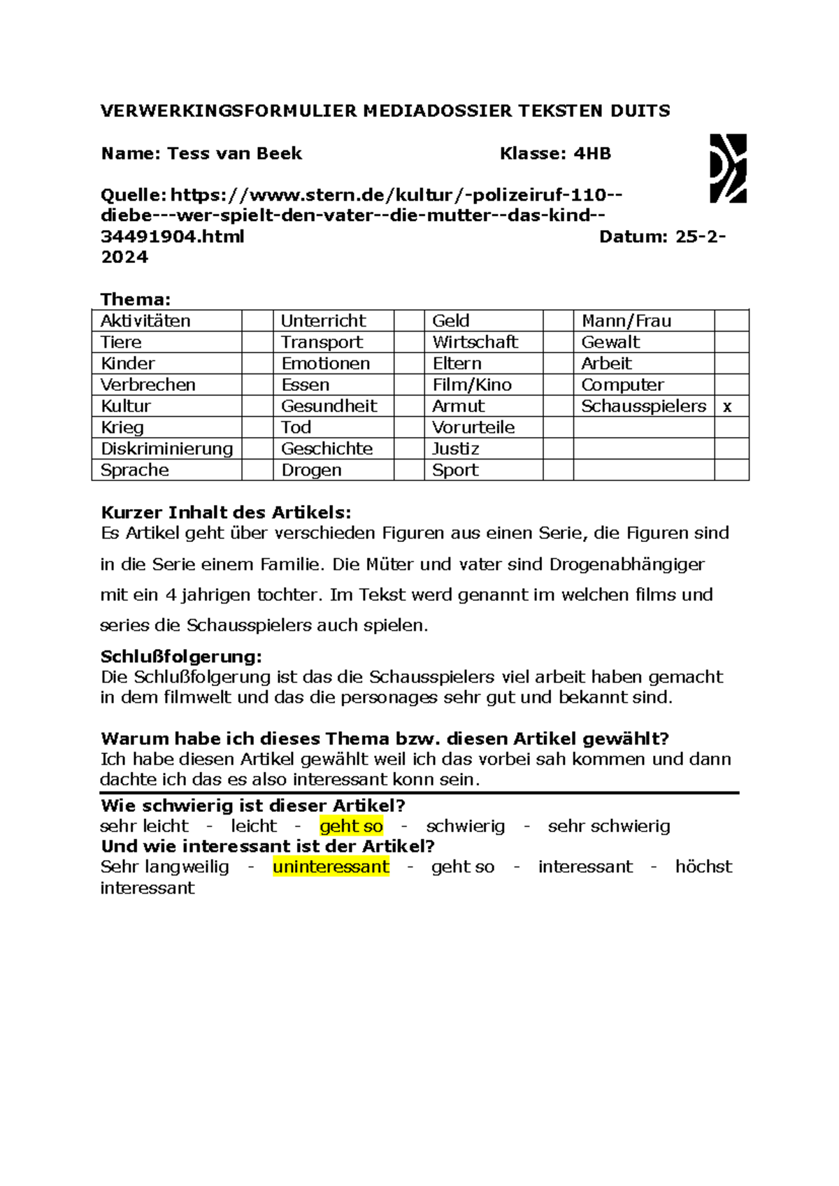 Tekst 4 duits - vragen - VERWERKINGSFORMULIER MEDIADOSSIER TEKSTEN ...