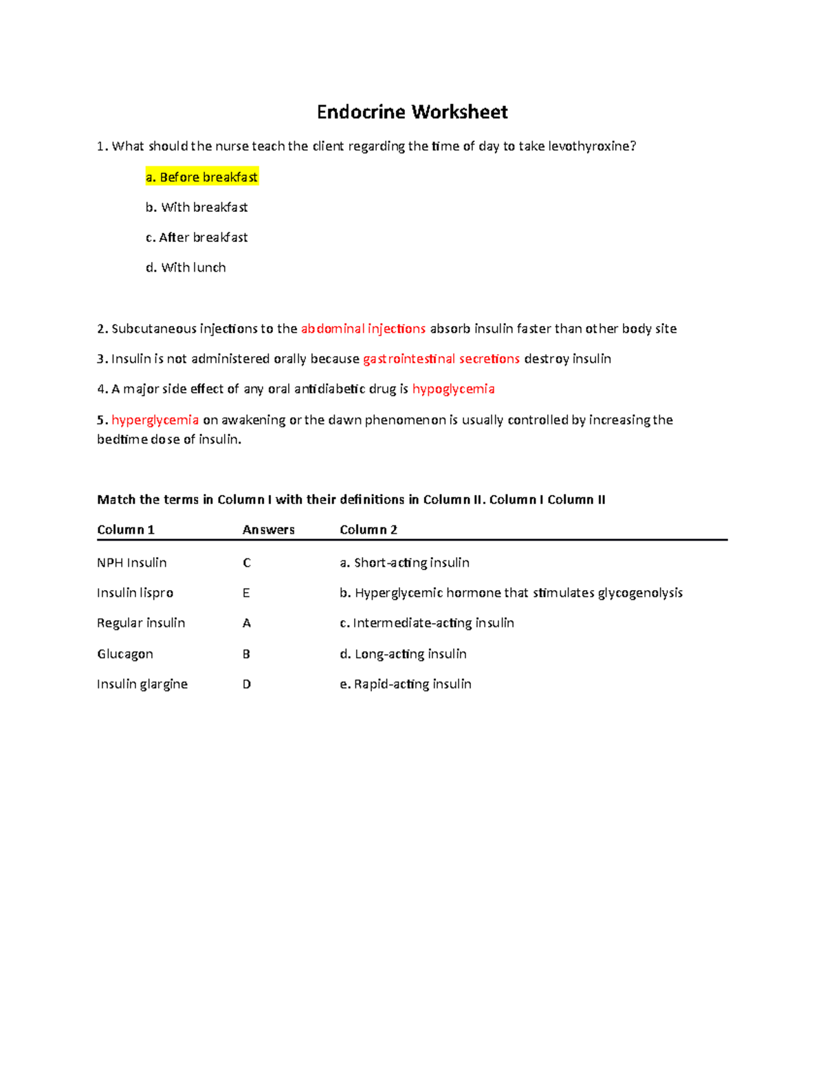 Endocrine Worksheet - Endocrine Worksheet What should the nurse teach ...