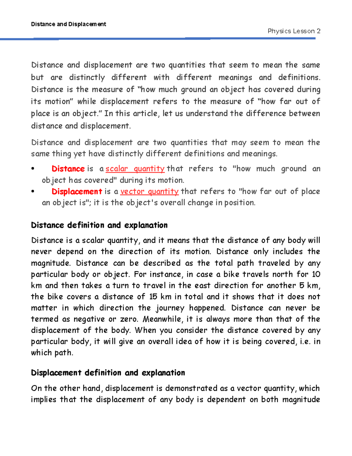 Lesson 3 Distance and Displacement - Distance is the measure of “how ...