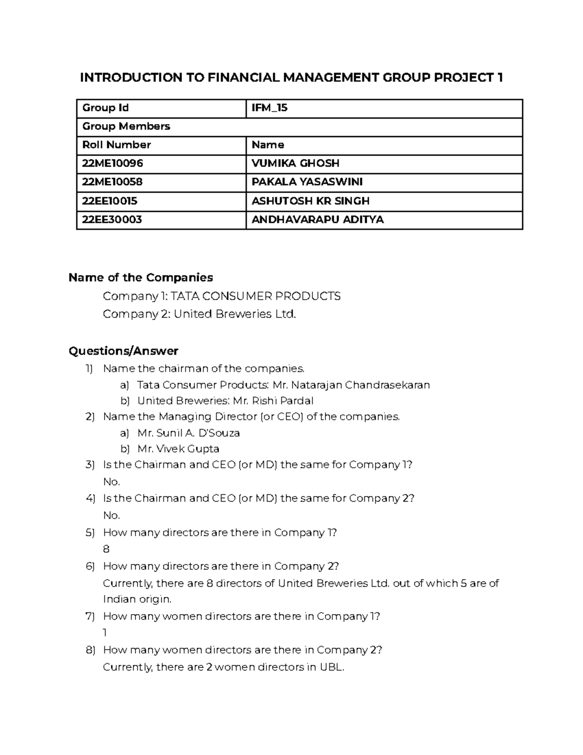 Group 15 - Good - INTRODUCTION TO FINANCIAL MANAGEMENT GROUP PROJECT 1 ...