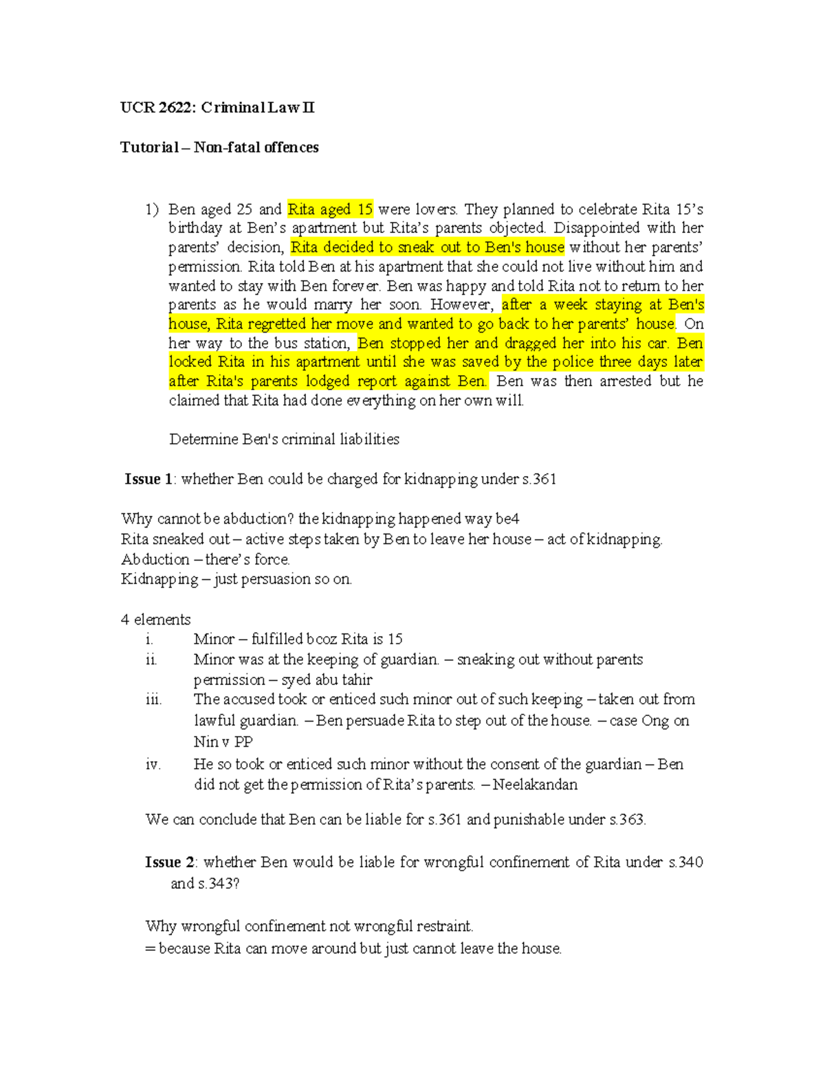 Tutorial 1 - UCR 2622: Criminal Law II Tutorial – Non-fatal offences 1 ...