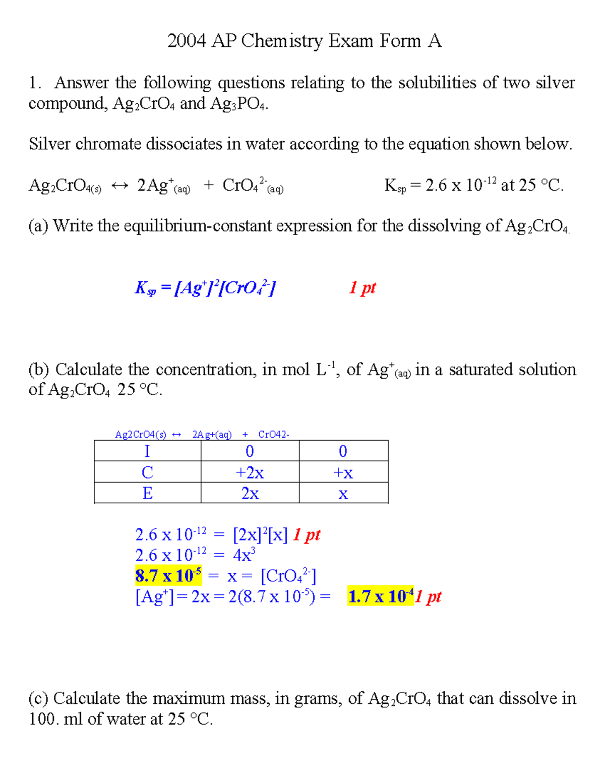 Key 2015 AP Form A & B - Practice exam - 2004 AP Chemistry Exam Form A ...