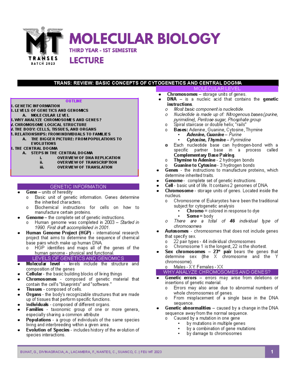 WEEK 1 Molbio LEC Transes - TRANS: REVIEW: BASIC CONCEPTS OF ...