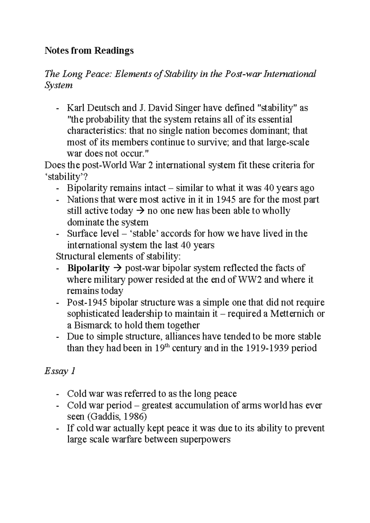 Essay 2 Notes - Notes from Readings The Long Peace: Elements of ...