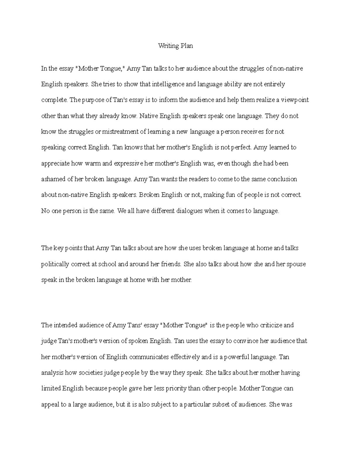 Writing Plan 3 2 Assignment redo - Writing Plan In the essay "Mother ...