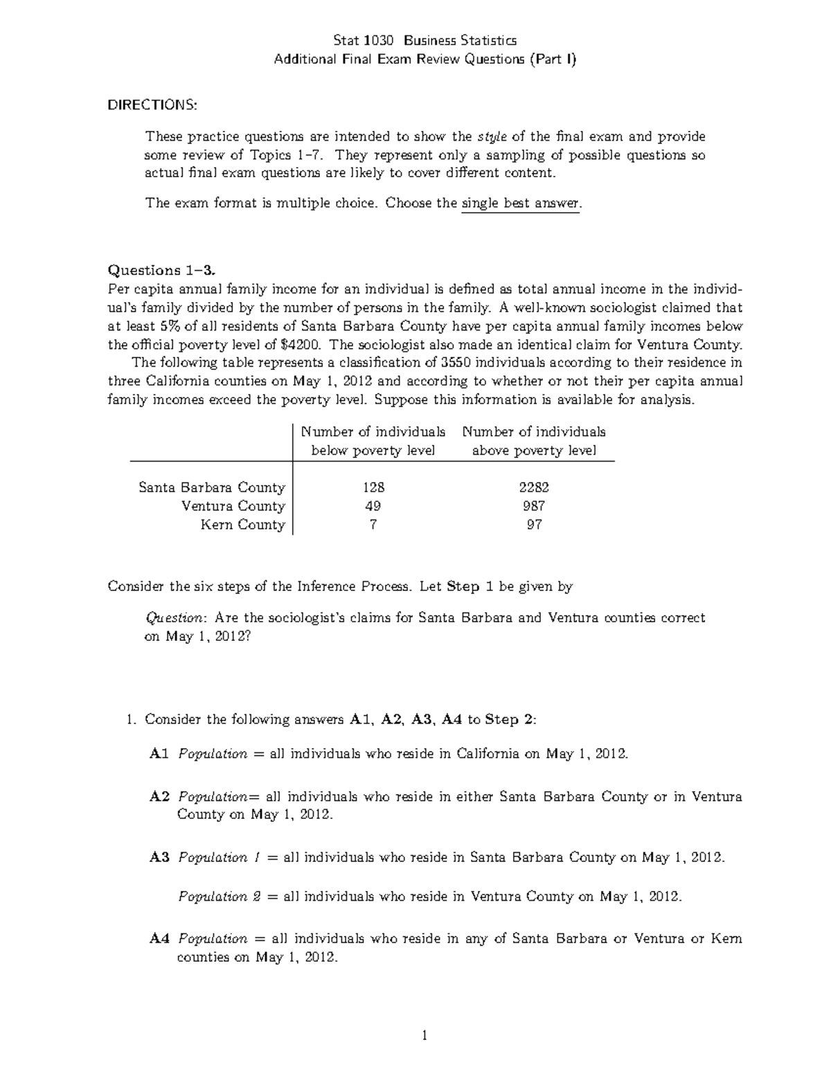 Statistics final exam review - Stat 1030 Business Statistics Additional ...