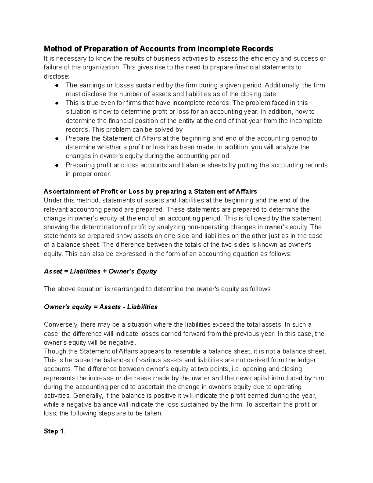 Method of Preparation of Accounts from Incomplete Records - This gives ...