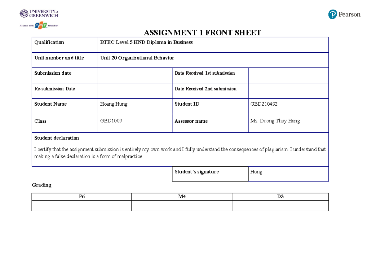 5064 Assignment 2 Hoang Hung frontsheet (2022) - ASSIGNMENT 1 FRONT SHEET Qualification BTEC ...